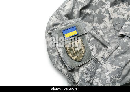 Military uniform with Ukrainian army badges isolated on white ...
