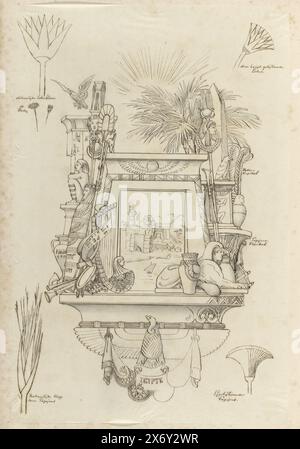 Frame with Egyptian objects, c. 1866 - c. 1900 drawing Papyrus plants ...