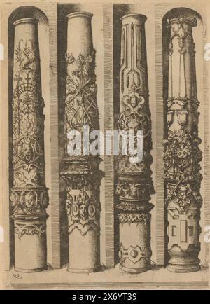 Four shafts of Corinthian columns decorated with grotesken, mascarons ...