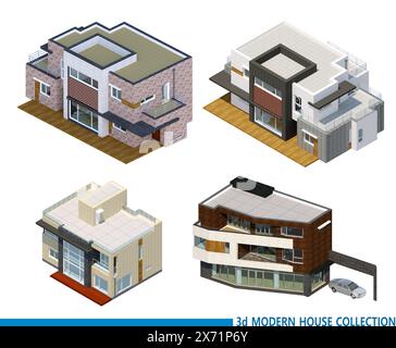 Collection of architectural isometric illustrations of 3d modern houses ...