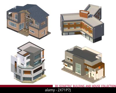 Collection of architectural isometric illustrations of 3d modern houses ...