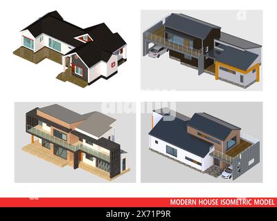 Collection of architectural isometric illustrations of 3d modern houses ...