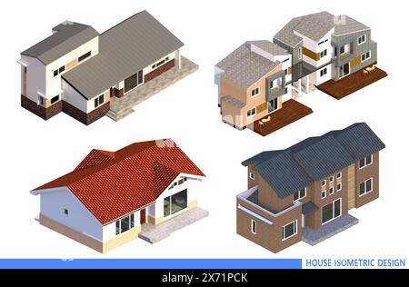 Collection of architectural isometric illustrations of 3d modern houses ...