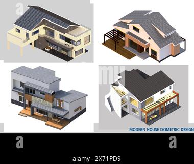 Collection of architectural isometric illustrations of 3d modern houses ...