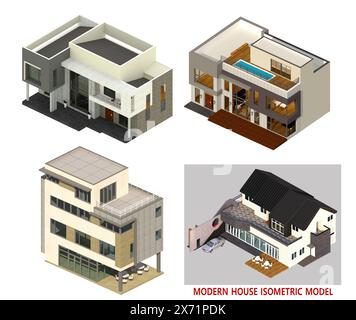Collection of architectural isometric illustrations of 3d modern houses ...