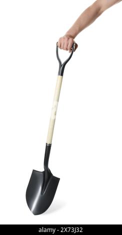 Man holding shovel on white background, closeup Stock Photo - Alamy