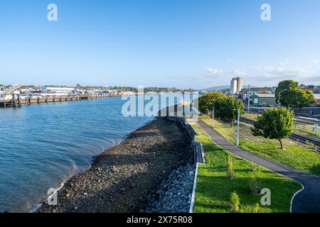 View of riverside parklands from elevated walkway, Mersey River ...