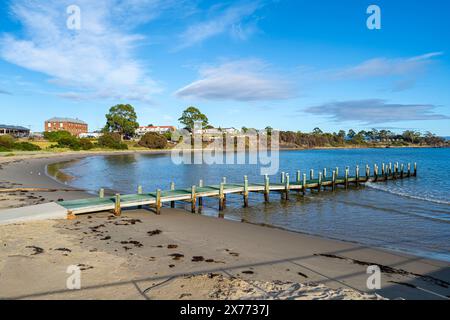 Long jetty at boat ramp, Jubilee Beach Swansea, Tasmania Stock Photo ...