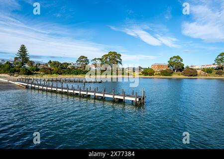 Long jetty at boat ramp, Jubilee Beach Swansea, Tasmania Stock Photo ...