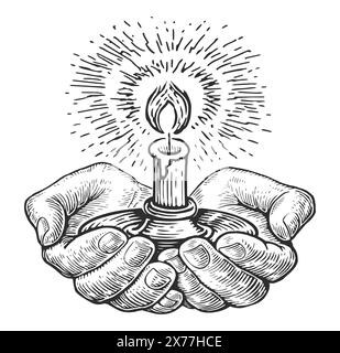 Candle in hands prayer. a religious symbol of faith in God. hand drawn ...