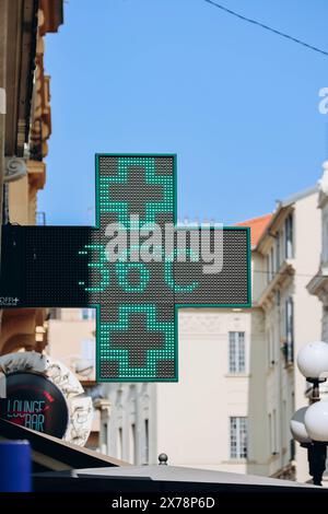Nice, France - July 22, 2023: Outdoor thermometer in Nice showing high ...