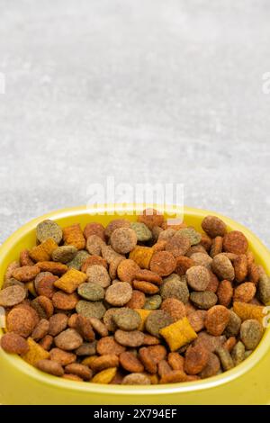 dry cat food in yellow bowl isolated on white Stock Photo - Alamy