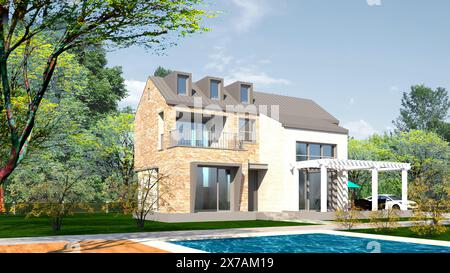 3d perspective illustration of a modern single house with garden and ...