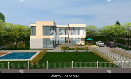 3d perspective illustration of a modern single house with garden and a ...