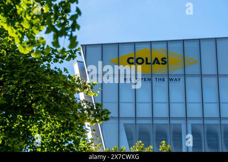 Sign and logo on the Colas headquarters building. Colas is a French ...