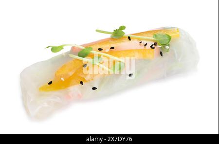 Tasty spring roll with sesame seeds and microgreens isolated on white ...