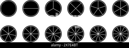 Outline circles divided in 10 segments. Pie or pizza round shapes cut in ten different slices ...