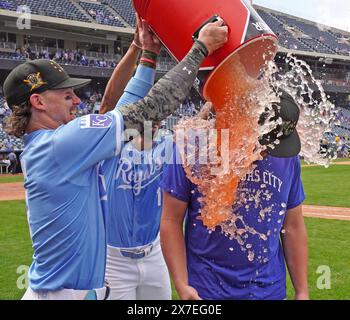 Kansas City Royals' Maikel Garcia celebrates in the dugout after ...