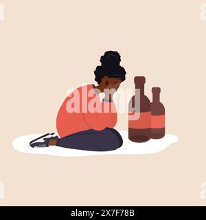 Alcoholism concept. Depressed african Woman sitting on bottom of bottle ...