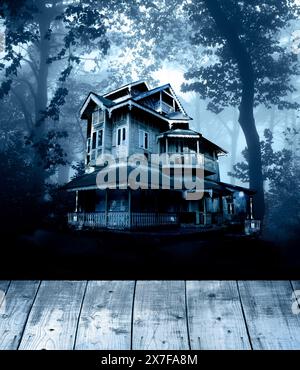 Halloween banner with haunted house and blank wooden table top. Wood ...