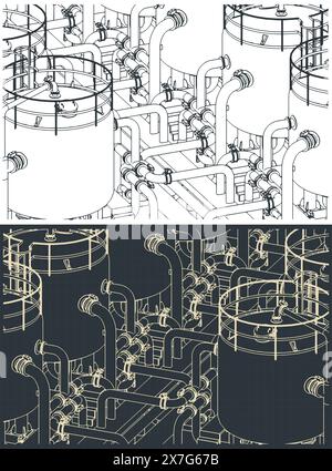 Stylized vector illustration of blueprints of oil pump jack Stock ...