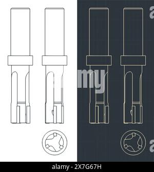 Stylized vector illustrations of blueprints of tool for machining ...