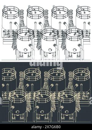 Stylized vector illustration of blueprints of oil pump jack Stock ...