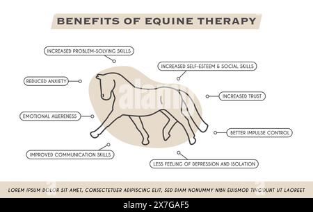 Benefits of horse riding. Equestrian infographic with outline icon and educational information ...
