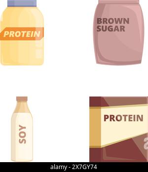 Artificial protein icons set cartoon vector. Food substitute in various ...