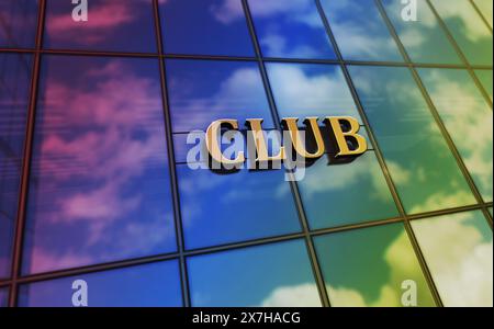 Club glass building concept. Party symbol on front facade 3d ...