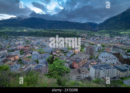 View for Naters part of town in spring cloudy evening in Brig ...