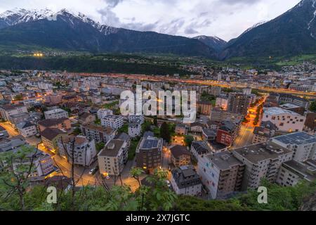 View for Naters part of town in spring cloudy evening in Brig ...
