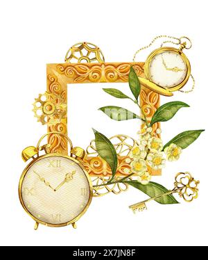 A vintage composition with gold clocks, a key, gears, a decorative ...
