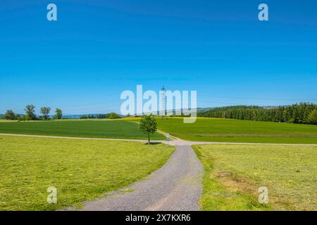 Power line background green meadows and blue sky with bright sun Stock ...