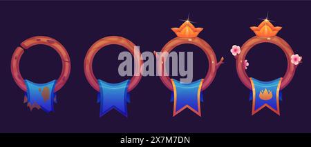 Rank avatar frame, fantasy game ui button icon. Gold and metal round ...