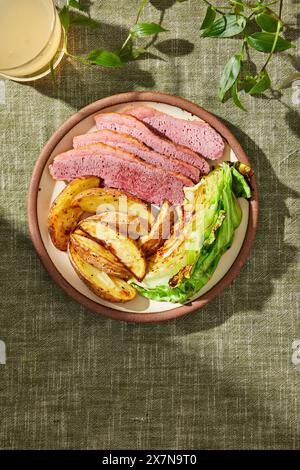Corned beef with cabbage and potatoes on a serving platter, irish ...