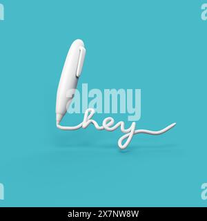 Pen drawing word hey - stylized 3d CGI icon object Stock Photo - Alamy