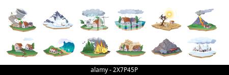 Natural disaster scenes set on white background. Vector cartoon ...