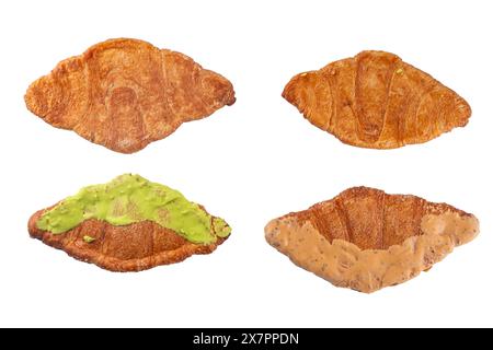 Set of colorful trendy flat croissants with different topping and ...