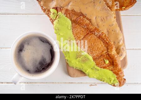 Set of colorful trendy flat croissants with different topping and ...