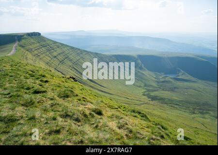Llyn Cwm Llwch and Cwm Llwch from the summit of Corn Du, Brecon Beacons ...