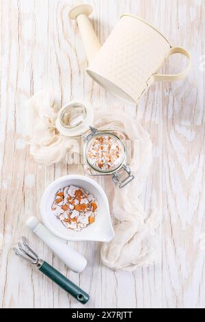 Preparing crushed eggshells for vegetable bed, eggshells stored for ...