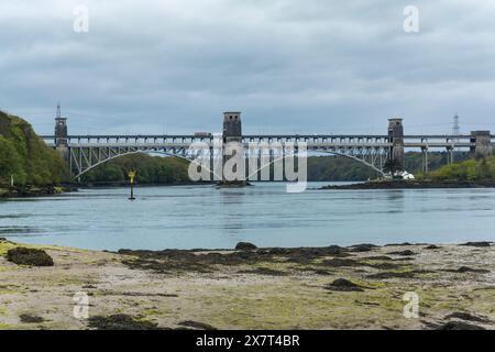View towards the Britannia bridge, Anglesey, North Wales, UK. Taken on ...