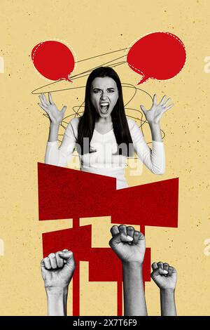 Vertical photo collage of frown scream guy show fist hands crowd picket ...
