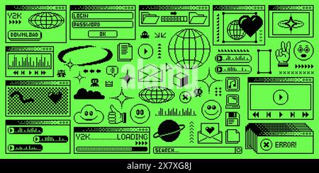 Rave y2k window page, computer interface menu. Vector pc desktop with folders, loading bar ...