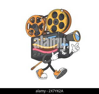 Groovy retro cartoon movie camera funky character with happy face ...