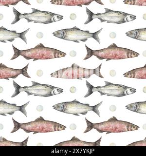 Watercolor fish salmon seamless pattern, wild ocean life repeat paper ...