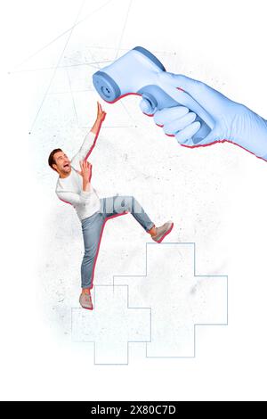 Creative trend collage of scared little man puppet doll victim ...