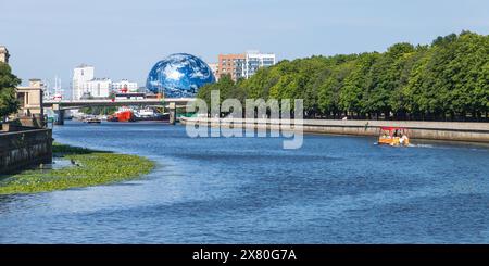 Panoramic view to Kaliningrad city and Pregolya river against a blue ...