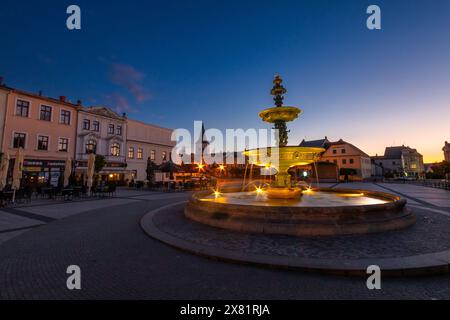 Illuminated Masaryk Square in Karviná in the evening at sunset, town ...